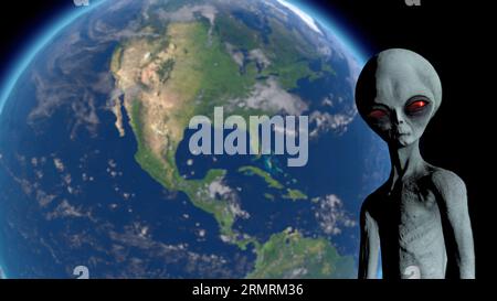 Scary gray alien stands on the moon and looks blinking. Planet Earth Is ...