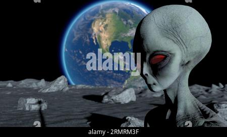 Scary gray alien stands on the moon and looks blinking. Planet Earth Is ...