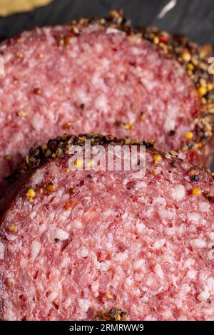 Sliced salami using beef meat with spices, fresh and delicious beef ...