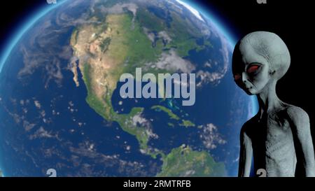 Scary gray alien stands on the moon and looks blinking. Planet Earth Is ...