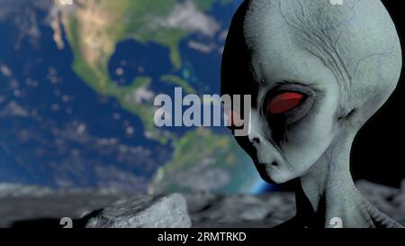 Scary gray alien stands on the moon and looks blinking. Planet Earth Is ...