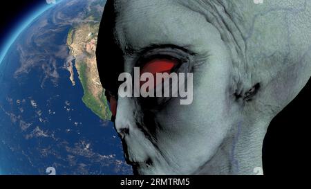 Scary gray alien stands on the moon and looks blinking. Planet Earth Is ...