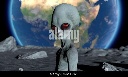 Scary gray alien stands on the moon and looks blinking. Planet Earth Is ...