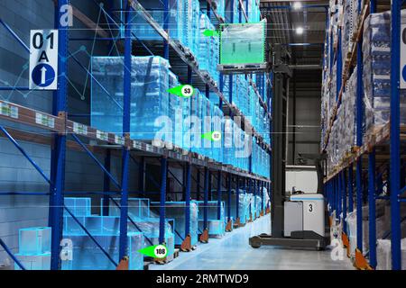 Digitalization, user interface to control processes. Warehouse with ...