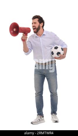 Emotional sports fan with ball and megaphone on white background Stock ...