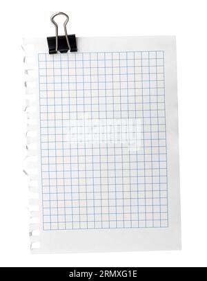 A sheet of paper in a cage for notes with a paper clip on a white ...