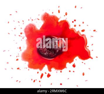 Squashed ripe sour cherry in the puddle of red juice isolated on white ...