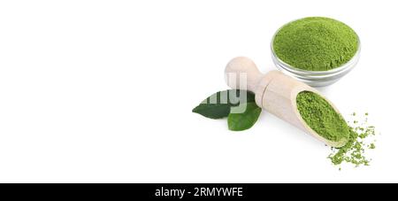 Matcha powder and green leaves isolated on white, banner design. Space ...