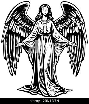 Woodcut style illustration of beautiful angel greeting you with open ...