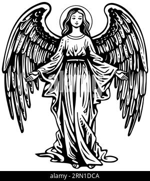 Woodcut style illustration of beautiful angel greeting you with open ...