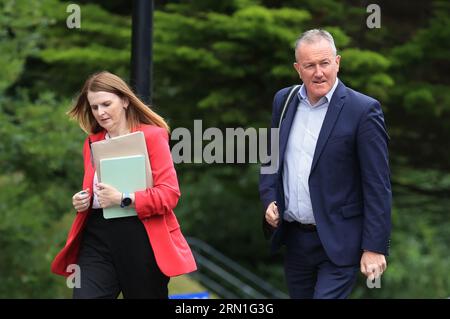 Sinn Fein MLAs Conor Murphy and Caoimhe Archibald speak to the media ...
