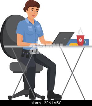 Policeman working at office table. Police officer working at computer ...