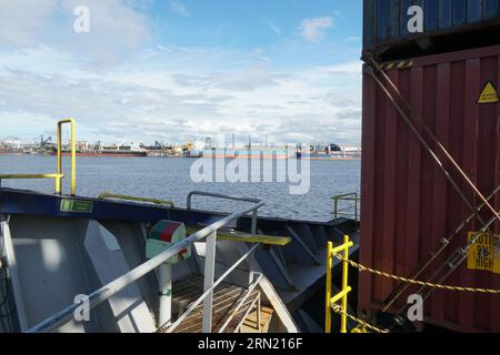 View on main deck and lashing platforms of container vessel painted ...
