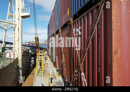 View on main deck and lashing platforms of container vessel painted ...