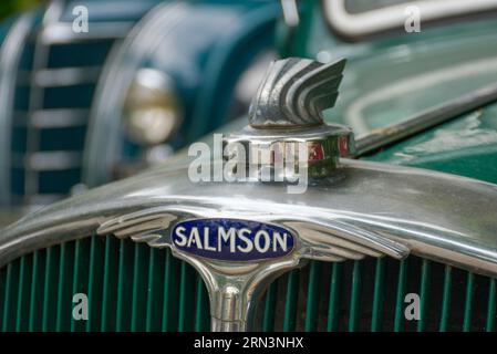 Closeup of a green SALMSON oldtimer, showing the emblem with logo Stock ...