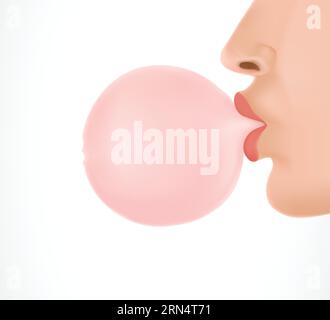 Girl blowing gum. Realistic woman mouth blow bubble gums, chewing lips ...
