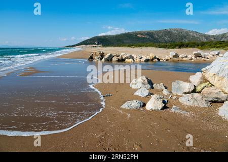 River Ryaki Kentros flows into the sea, Kalogria, Achaia, Peloponnese ...
