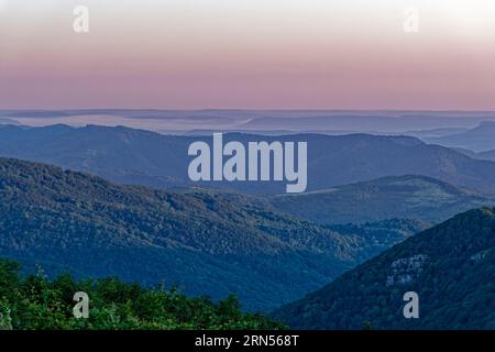 Daybreak over the mountain landscape of the Balkan Mountains and the ...