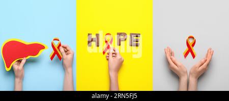 Collage of awareness ribbons with paper liver on white background ...