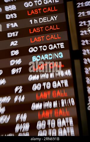 Last call, check-in, departure board with departure schedule in ...