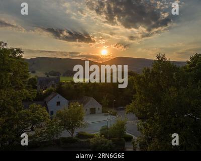 Drone photo of a sunset over Mam Tor in the Peak District. Photo taken ...