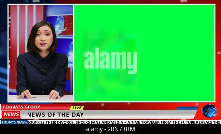 Newscaster does report with greenscreen on live tv program, presenting ...
