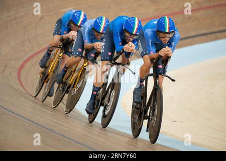 The Italian men's team pursuit squad, led by Filippo Ganna, during ...