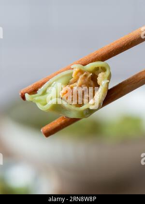 Close-up of chopsticks holding a cut open Chinese pork and shepherd's ...