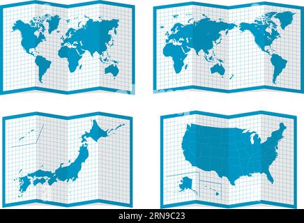 Vector illustration set of four-fold maps (world map, Japan, USA Stock ...
