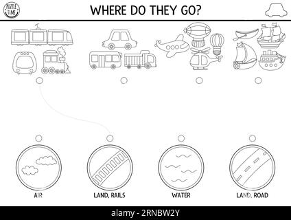 Transportation matching activity with cute plane, ship, train, places ...