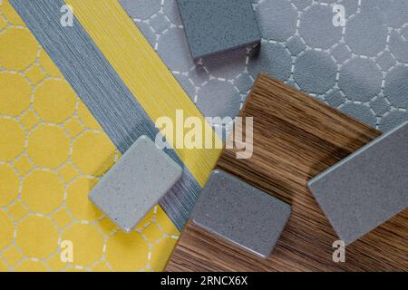 samples of finishing materials, close-up view, including various wooden ...