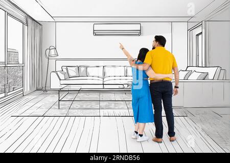 Interior, drawing and couple dreaming of new home inspiration with ...