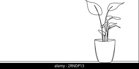 continuous single line drawing of potted plant, line art vector ...
