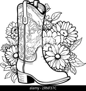 Cowboy boots with flowers and leaves. Floral decoration. Outline vector ...