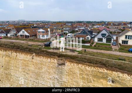 Aerial view of the Meridian Monument above the chalk cliffs ...