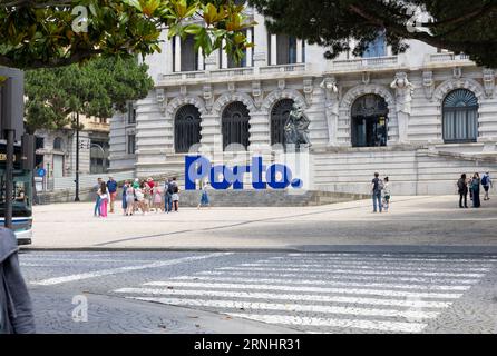 Porto, Portugal - The PORTO sign in front of the Garrett statue and the ...
