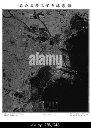 Beijing, China, satellite image. North is at top, urban areas are grey ...
