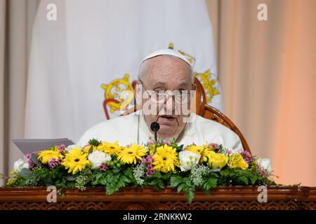 Pope Francis speaks during a meeting with Mongolian authorities ...
