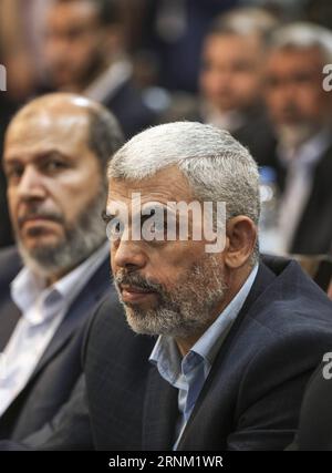 Hamas leader Yehya Al-Sinwar speaks during the event. Rally marking the ...