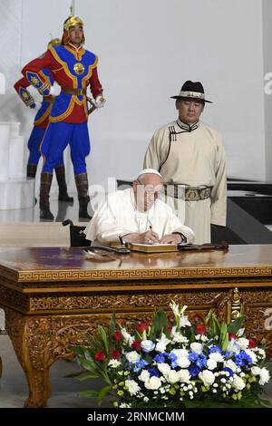 Ulaanbataar, Mongolia. 02nd Sep, 2023. Pope Francis is welcomed by ...