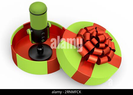 Gift boxes with microphone, ribbon and bow isolated on white background ...
