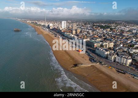 Aerial view of the beach towards the 360i observation tower, Brighton ...