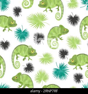 Seamless watercolor pattern with chameleons and tropical leaves Stock ...