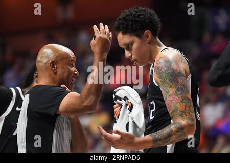 August 31, 2023: Referee Tim Greene engages in a discussion with ...