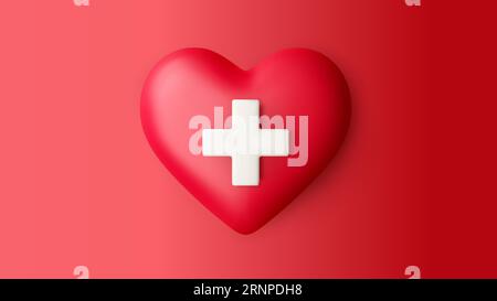Realistic red heart with white cross in 3D style. Symbol of medicine ...