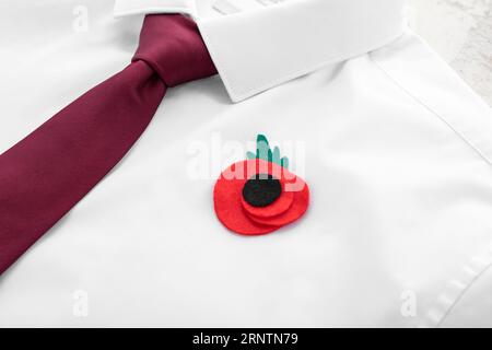 Poppy flower pinned on male clothes. Remembrance Day in Canada Stock ...