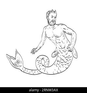 Line art drawing illustration of mermaid like siren in Greek mythology ...