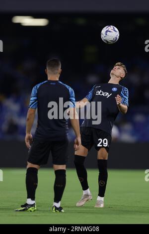 Napoli's Danish midfielder Jesper Lindstrom challenges for the ball ...
