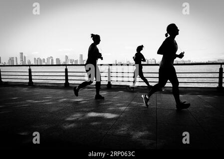 Silhouetted runners along the Hudson River on the Hudson River Greenway ...