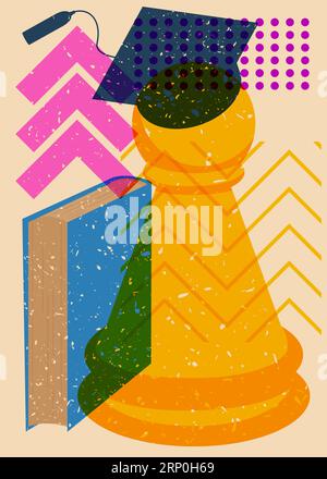 Risograph Back to School concept art with chess pawn, book, graduation ...